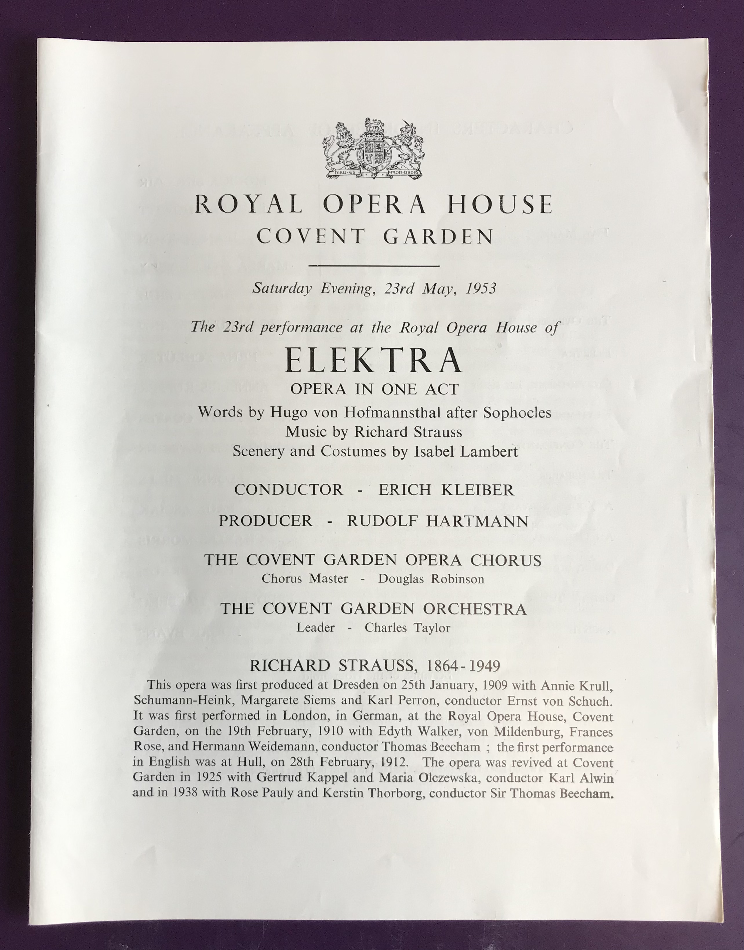 Elektra, The Covent Garden Opera Company- Saturday 23rd May 1953 ...